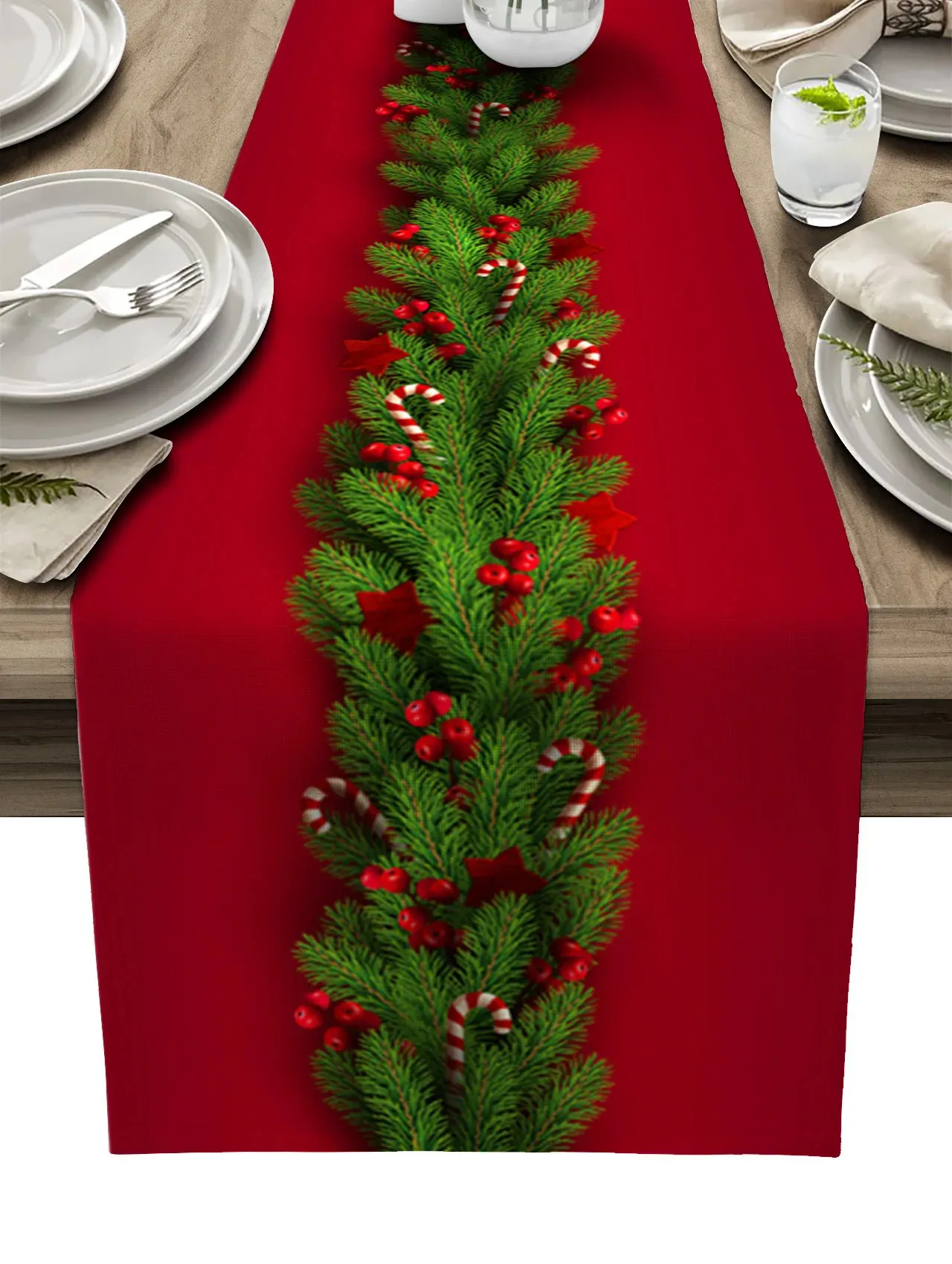 Festive Christmas Table Runner - Pine Needle, Candy Bow Design ...