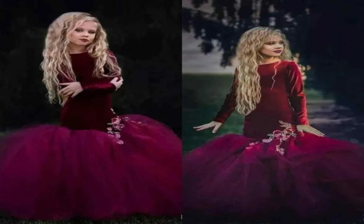 2019 Gorgeous Burgundy Velvet Pageant Mermaid Flower Girls Dresses Long