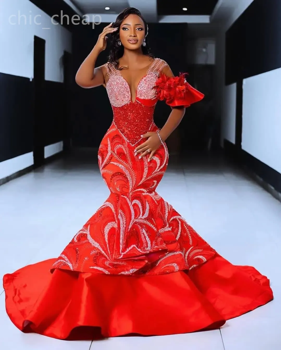 2024 Aso Ebi Red Mermaid Prom Dress Feather Beaded Sequined Evening Formal Party Second ...