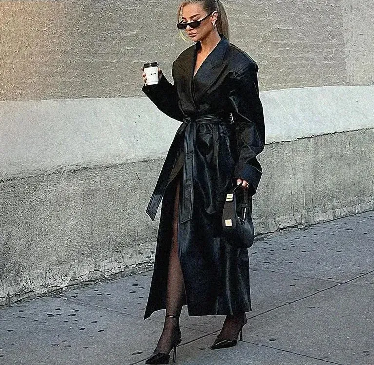 Leather Button Closure Slim Fit Trench Coat for Women with Square Neck ...