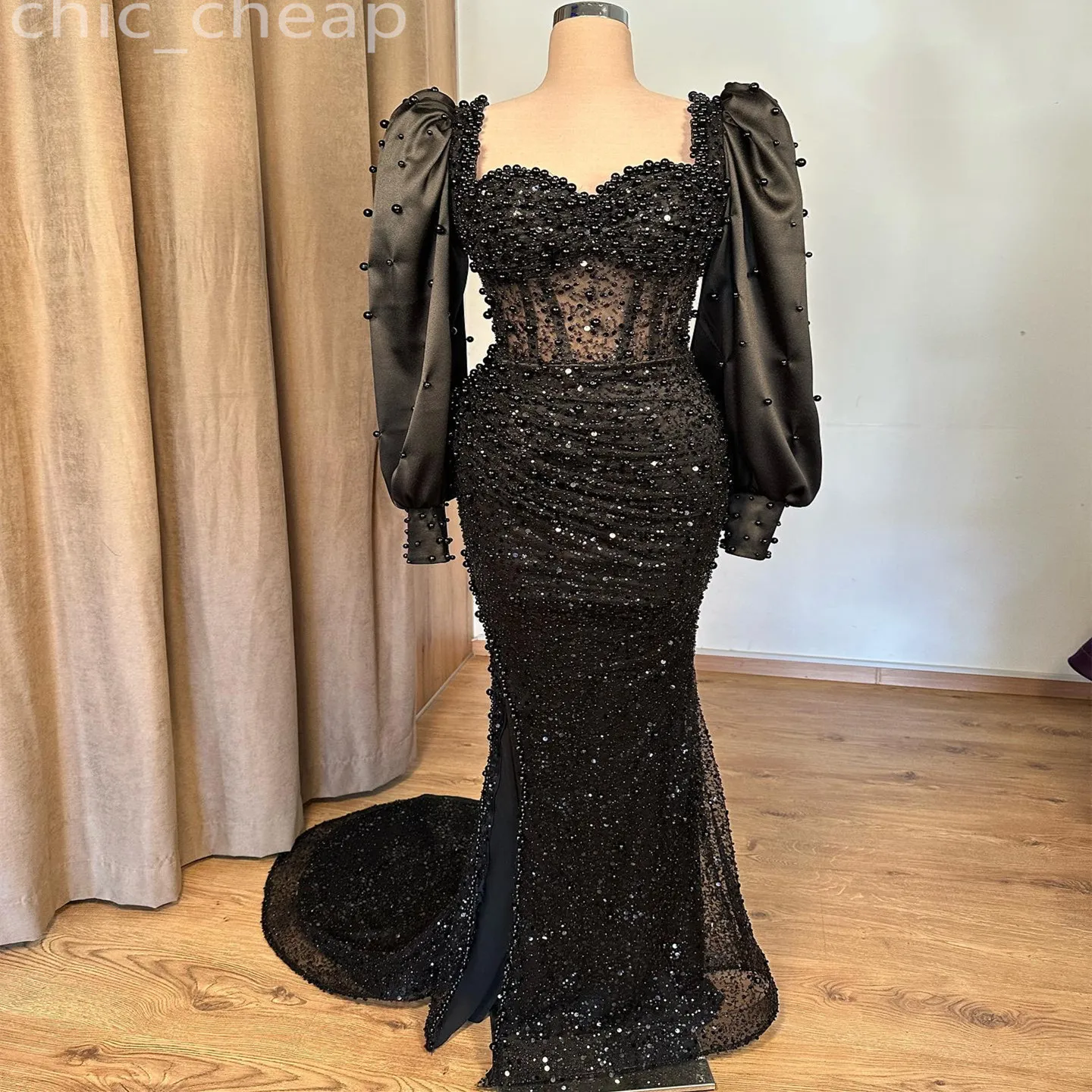 Black Mermaid Black Prom Dress Sparkly With Pearls And Sequins Lace ...