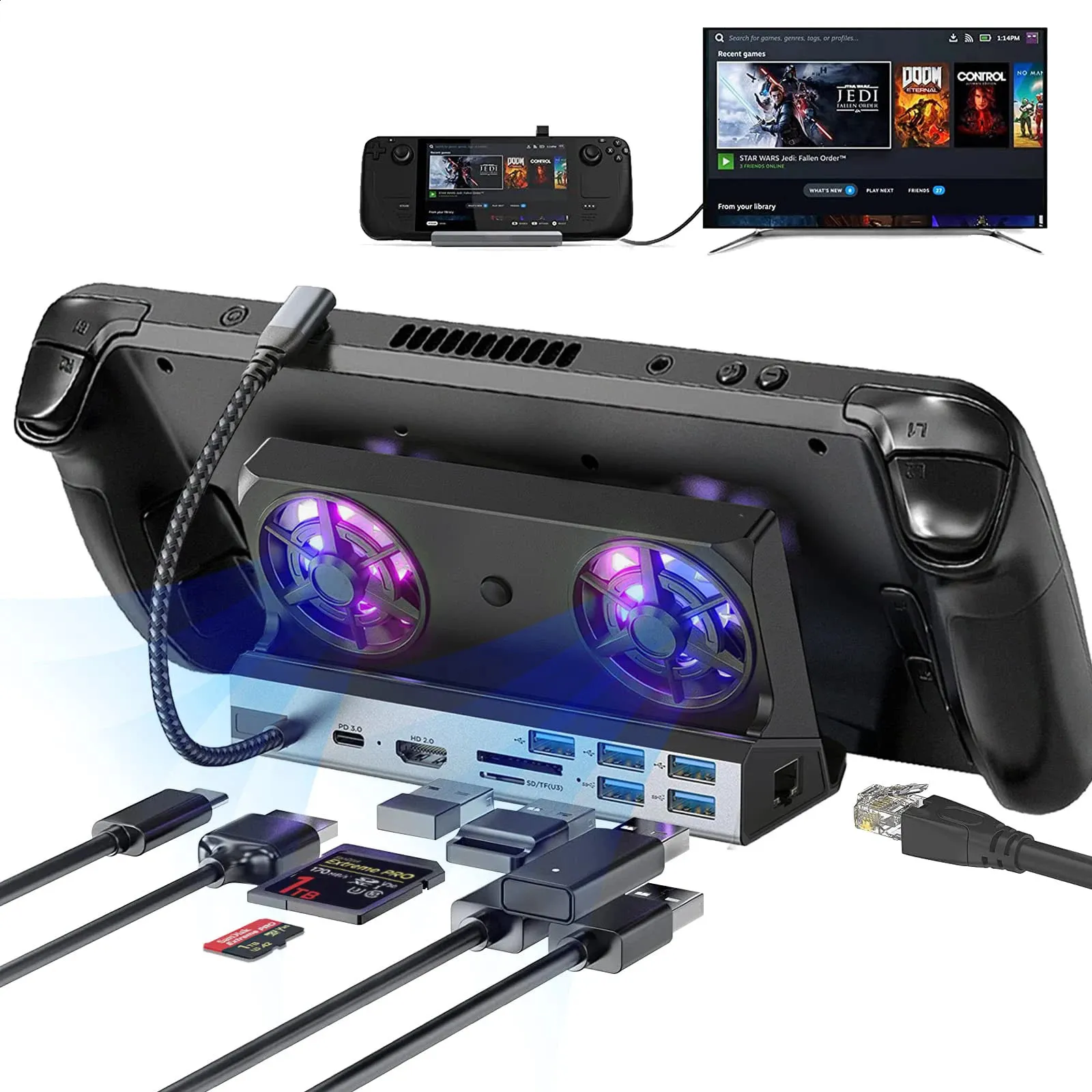 DHgate.com:10-in-1 Steam Deck Docking Station with Fan, 4K60Hz Gigabit ...