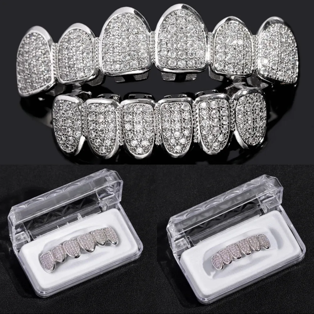 Hip Hop Cube Zircon Teeth Mens Sparkling Ice Gold and Silver Top and ...