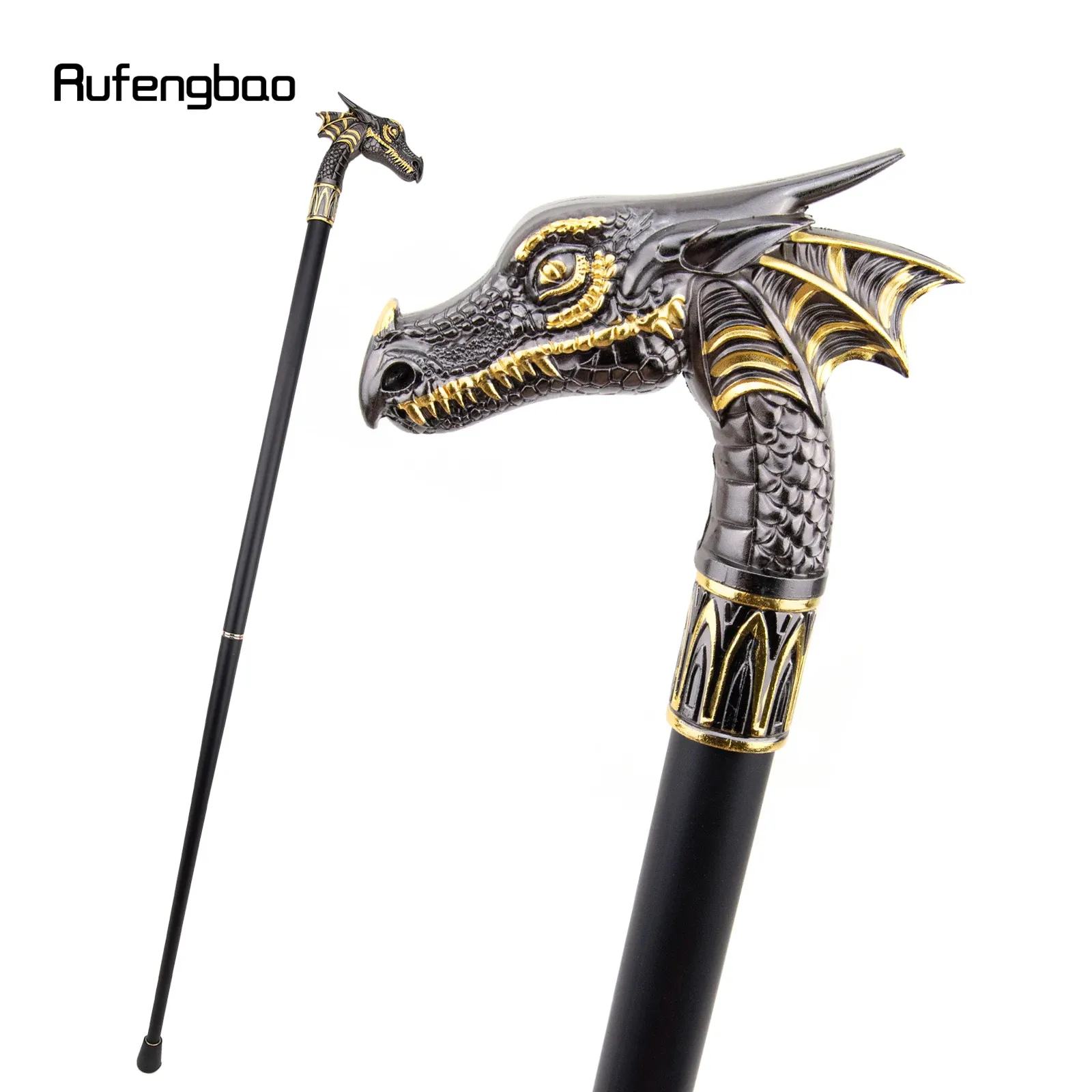 Dragon Head Walking Cane - Black & Gold Fashion Stick, Cosplay Prop ...