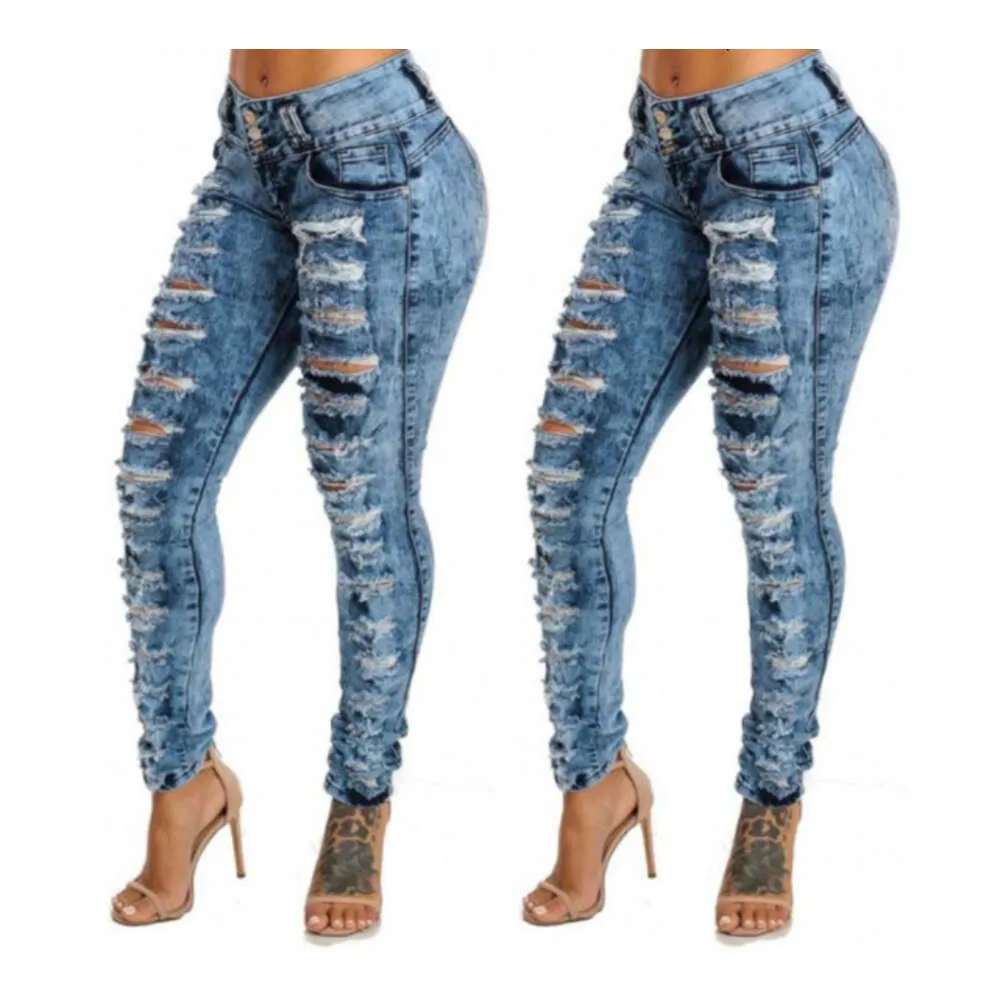 New Distressed High Waisted Jeans For Women Multi Buttonhole Design ...