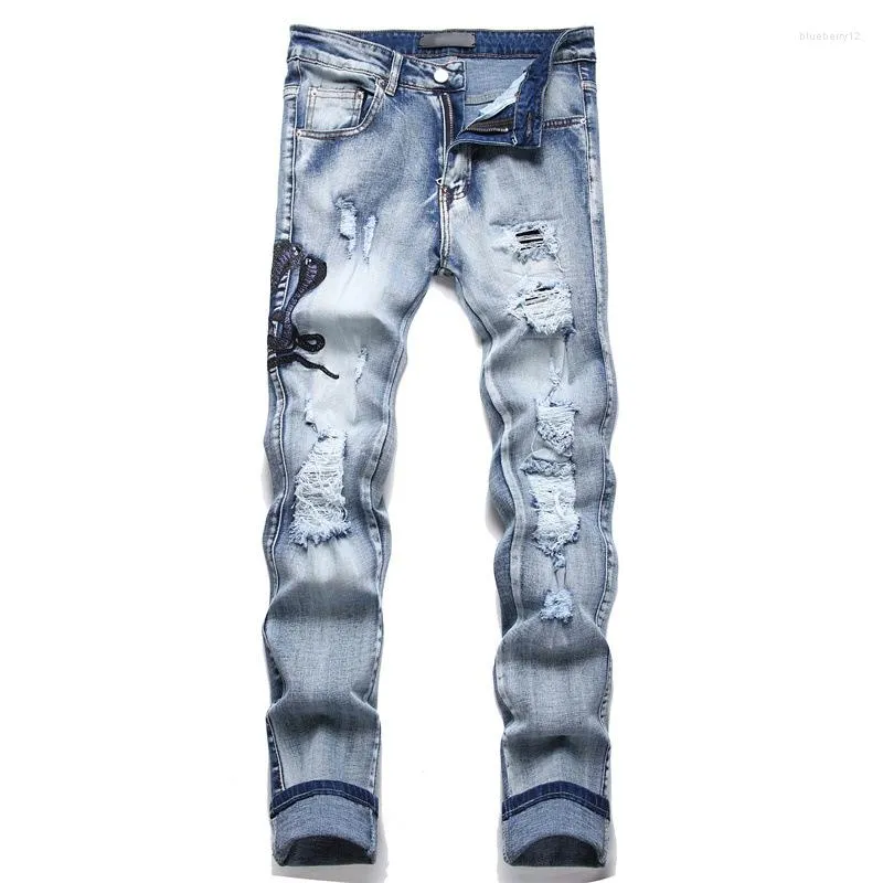 Ripped Skinny Jeans for Men with Snake Embroidery - Slim Fit Stretch ...