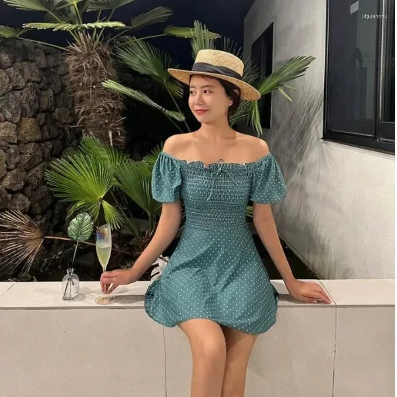 Green Dots Pleated Monokini Swimsuit: Short Sleeves, Open Back, Trikini ...