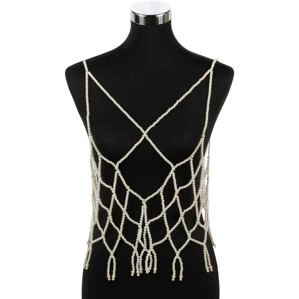 Pearl Body Chain Chunky Bead Tassel Pendant Sexy Mesh Top Jewelry Beach ...