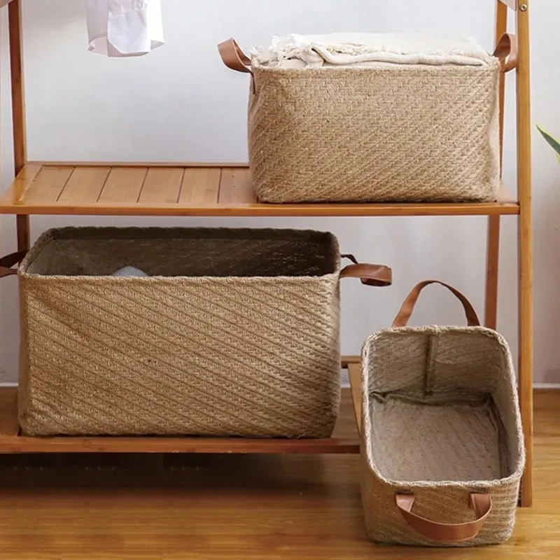 Woven Basket With Lid Folding Storage Box Organizer In Jute With PU ...