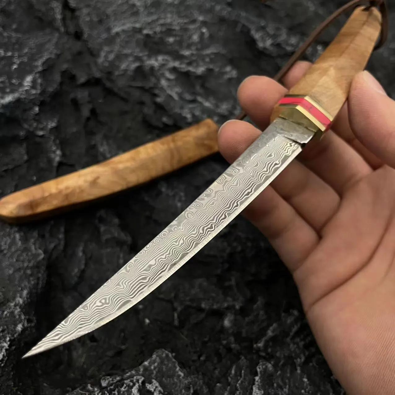 Damascus Steel Fixed Blade Knife VG10 Sharp Point, Shadow Wood Handle ...