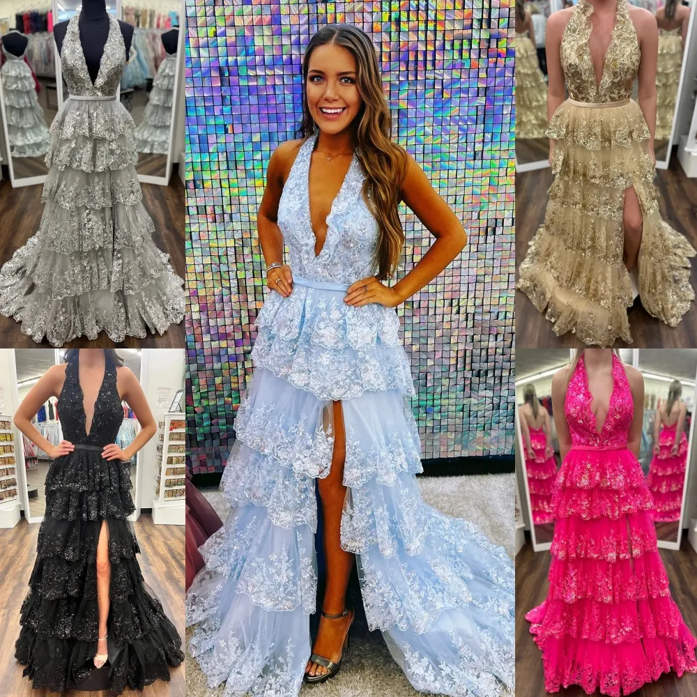 Elegant Halter Ruffle Formal Party Dress, Modern Sequin Lace Deep V ...