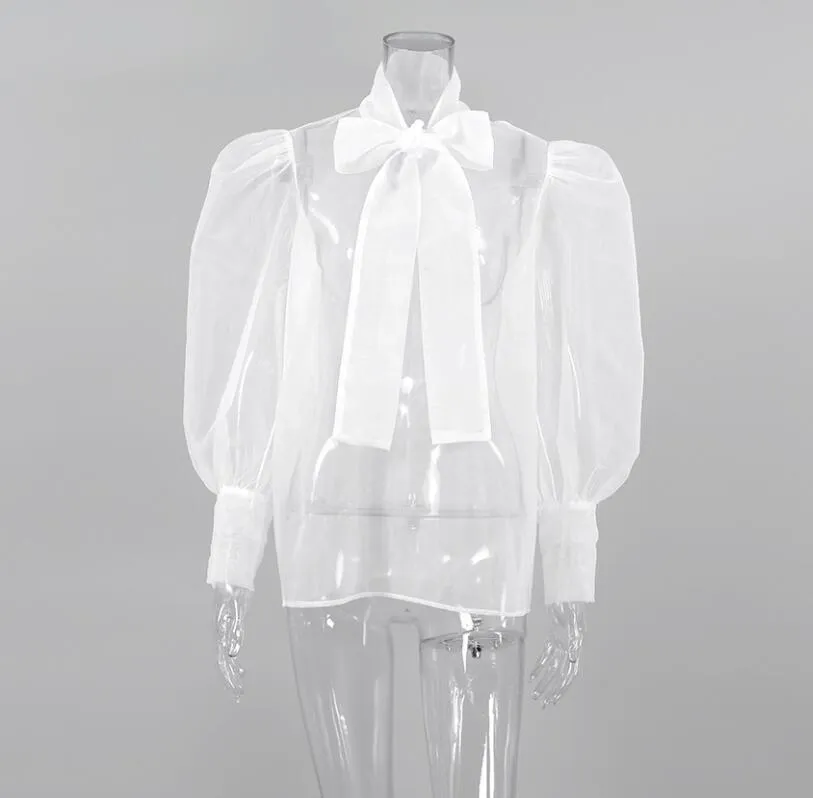 Elegant Womens Organza Transparent Blouse With Bowknot And Elegant Womens Organza Transparent Blouse With Bowknot And