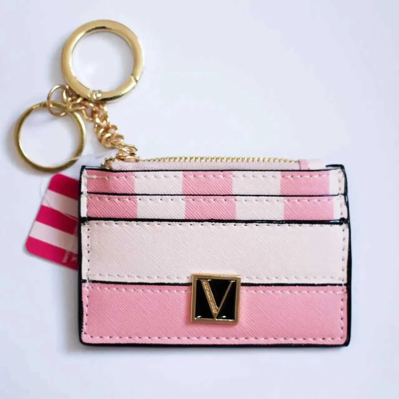 Small Pink Striped Wallet For Women With Keychain, Cute Coin Purse And ...