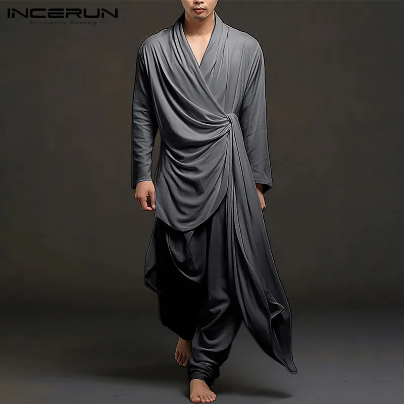 INCERUN Men Irregular Sets Solid V Neck Long Sleeve Lace Up Shirt Pants ...