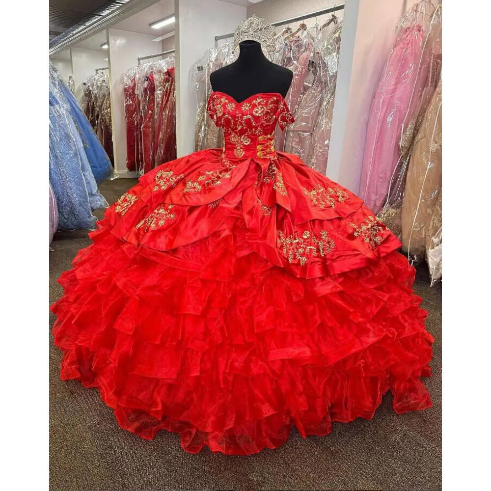 Princess Red Ball Quinceanera Ball Gown Wedding Dress With Embroidery ...