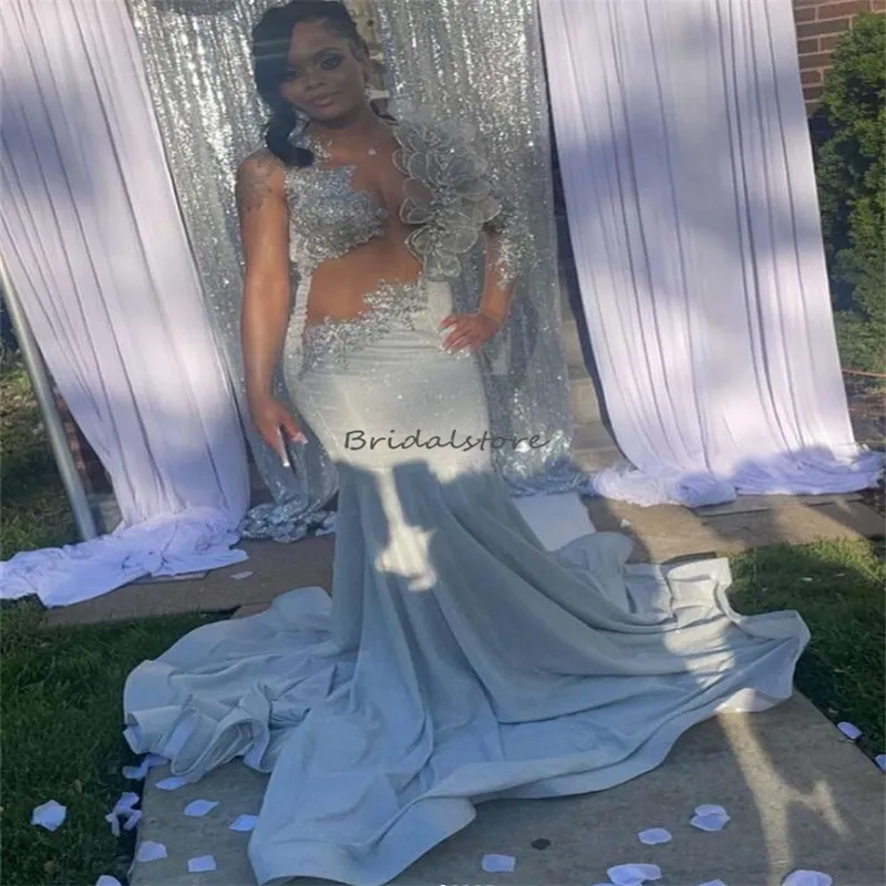 Prom Dresses : Silver Mermaid Prom Dress With One Shoulder & Beaded ...
