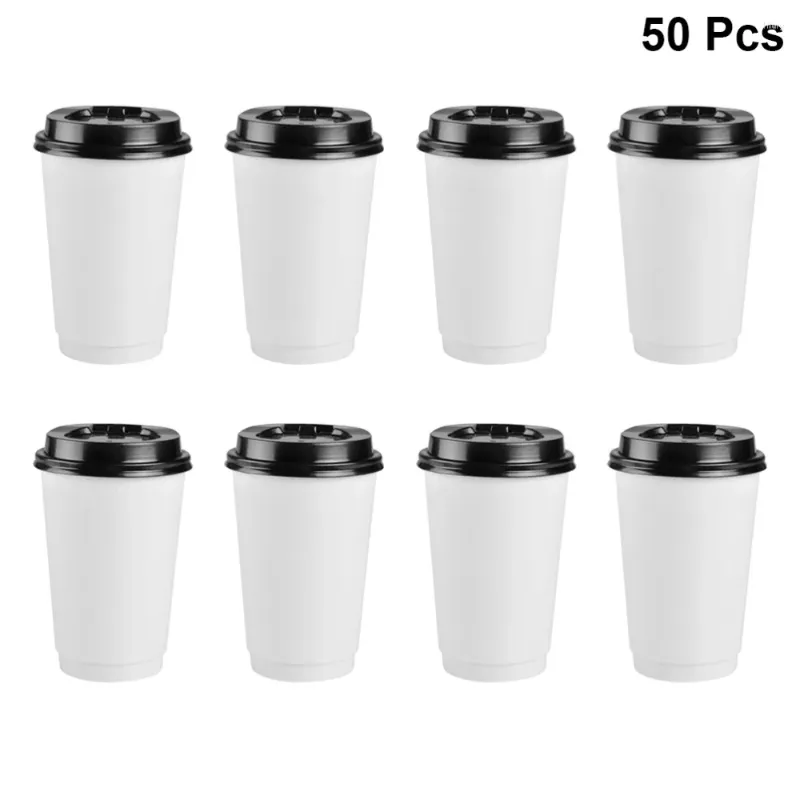 Disposable Paper Cups with Lids and Straws Set, Double-Layer Insulation ...