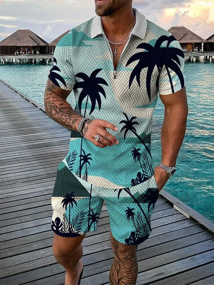 Beachwear Set Mens Beach Shirts, Tropical Print Polo & Shorts Outfit ...
