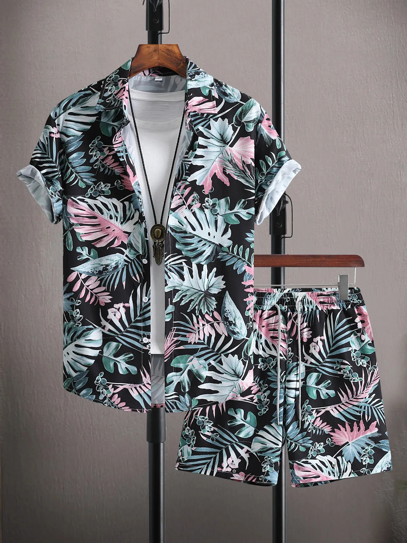 Mens Hawaiian Floral Printed Outfit Sets Short Sleeve Button Down Shirt ...