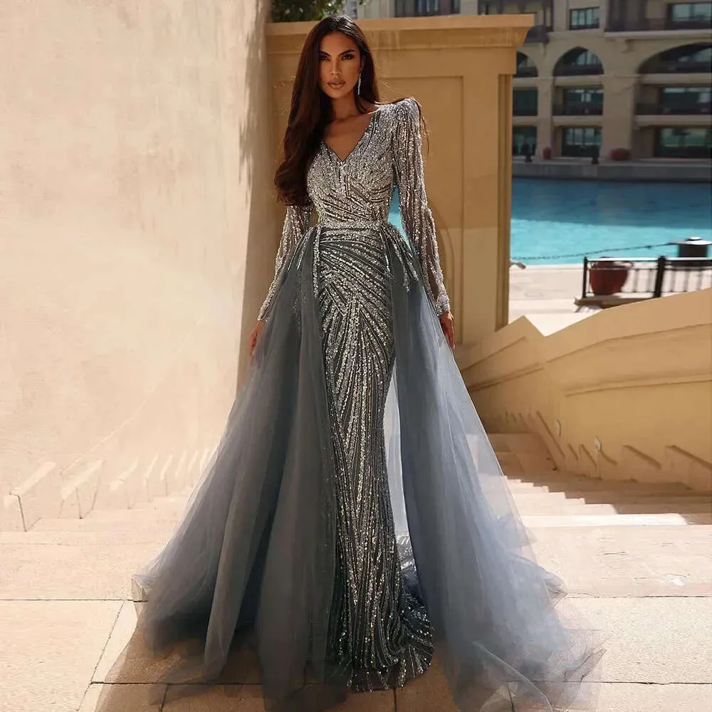 Serene Hill Blue Mermaid Evening Gown with Detachable Skirt Hollow Back ...