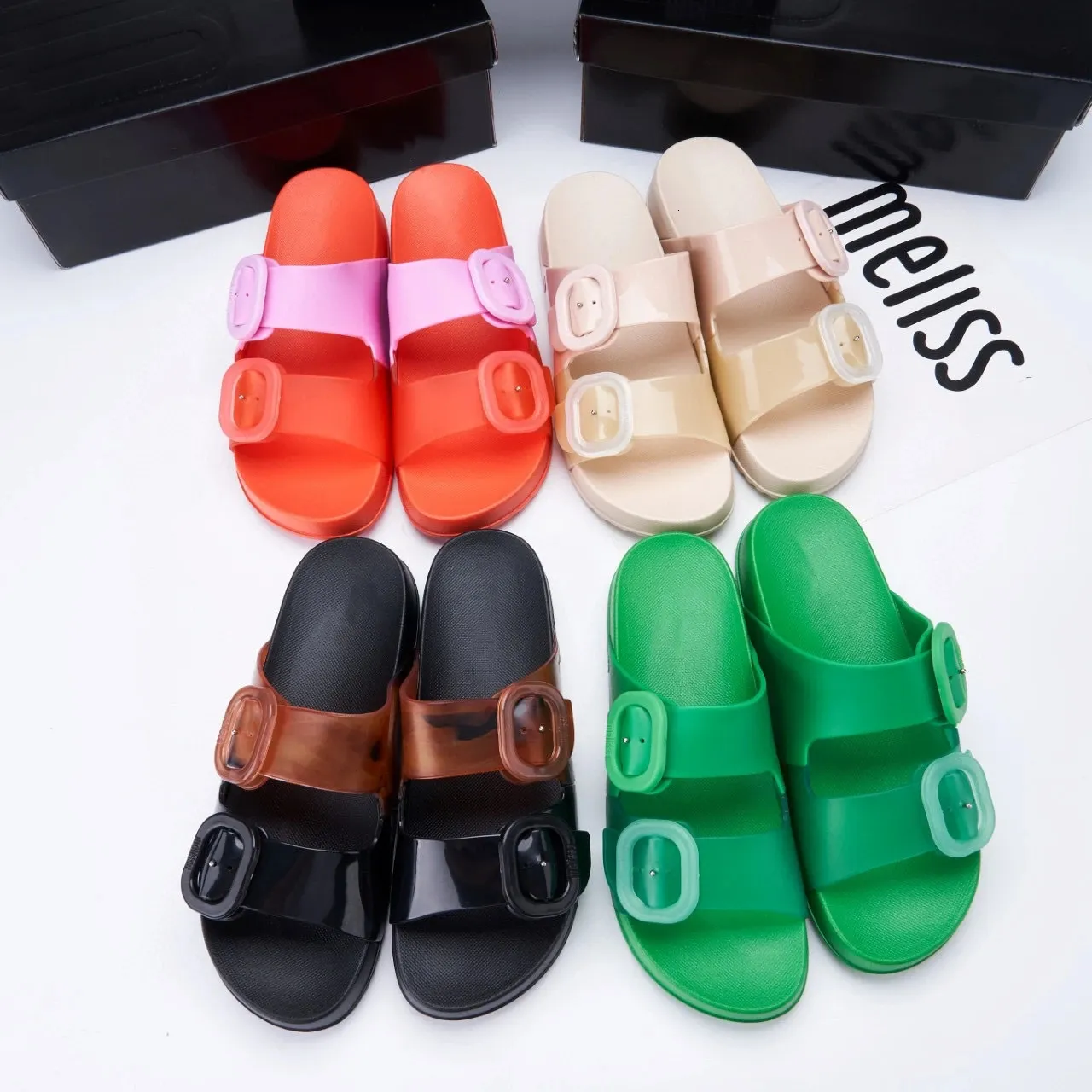 Summer Womens Jelly Shoes Oval Double Button Boken Slippers Adult Girls ...