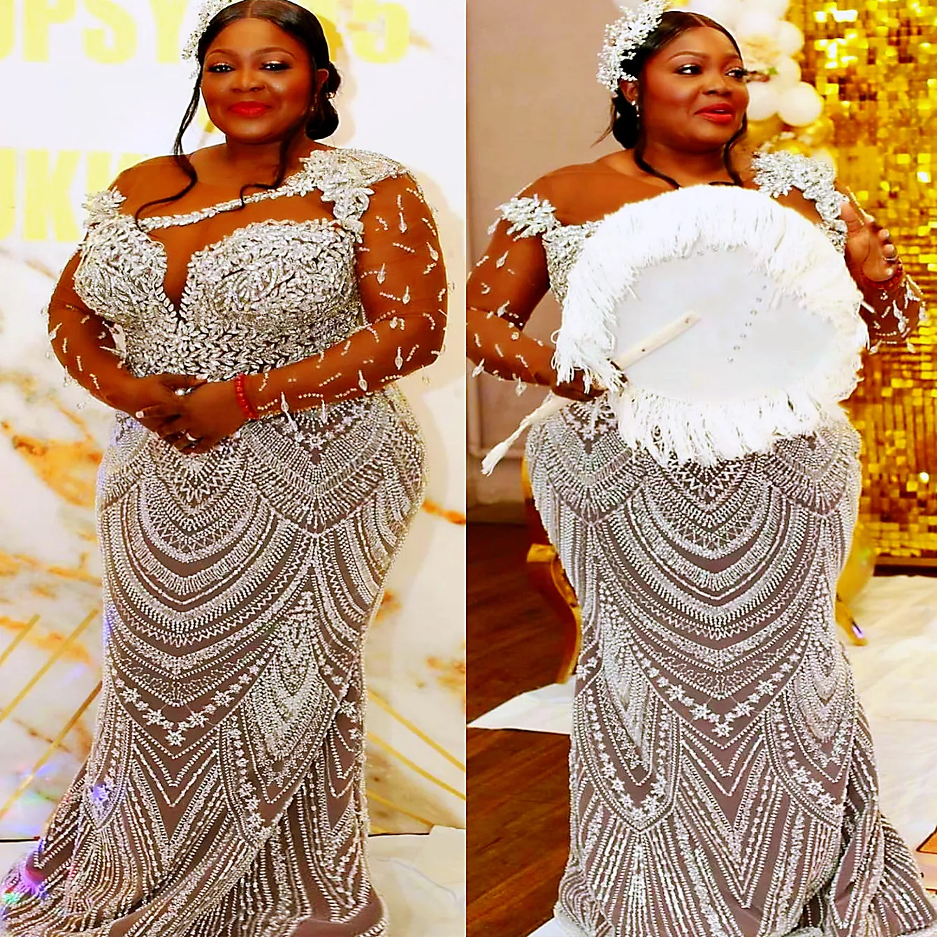Aso Ebi 2024 Ivory Illusion Mermaid Wedding Dresses Beaded Crystals Lace Long Sleeves Bridal ...