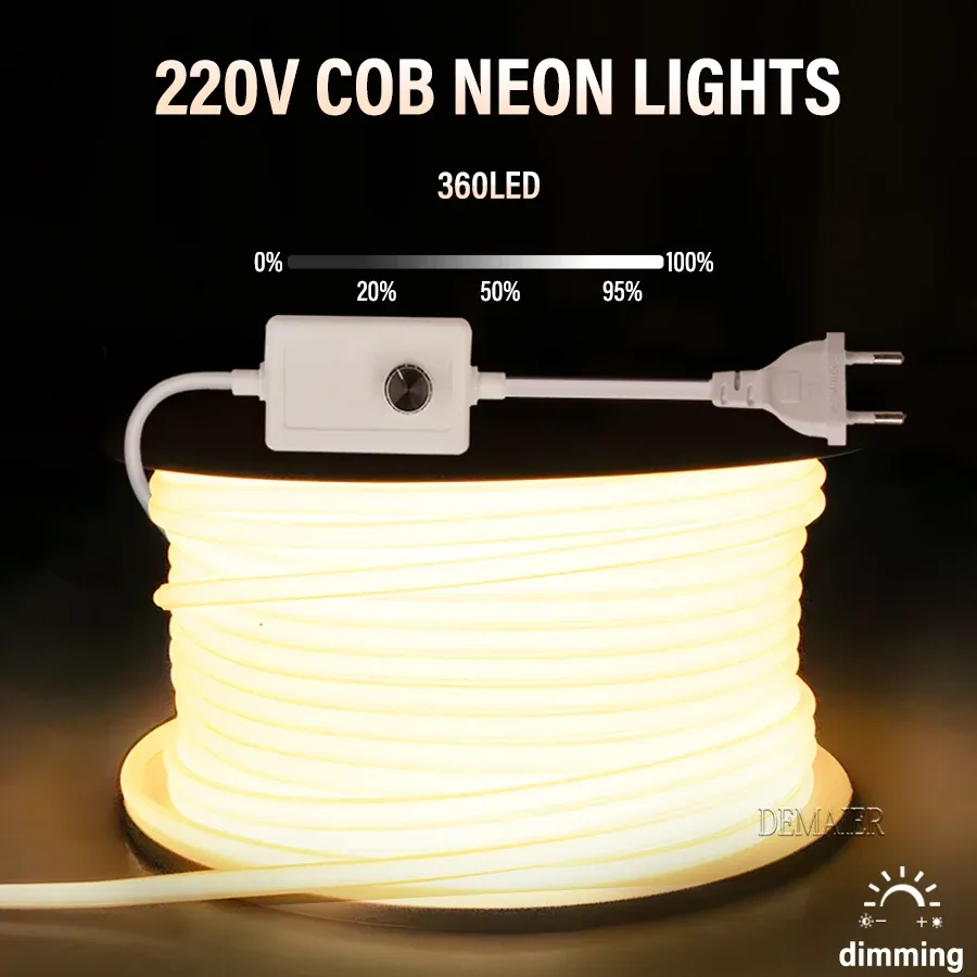 Neon LED Strip Lights, Dimmable COB Light Strip 220V, High Density 360 ...