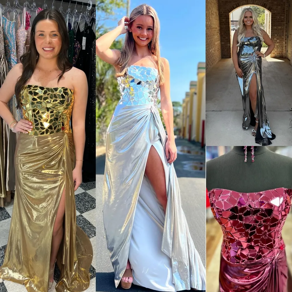Strapless Metallic Prom Dress with Glass Cut Mirror Bodice and High ...
