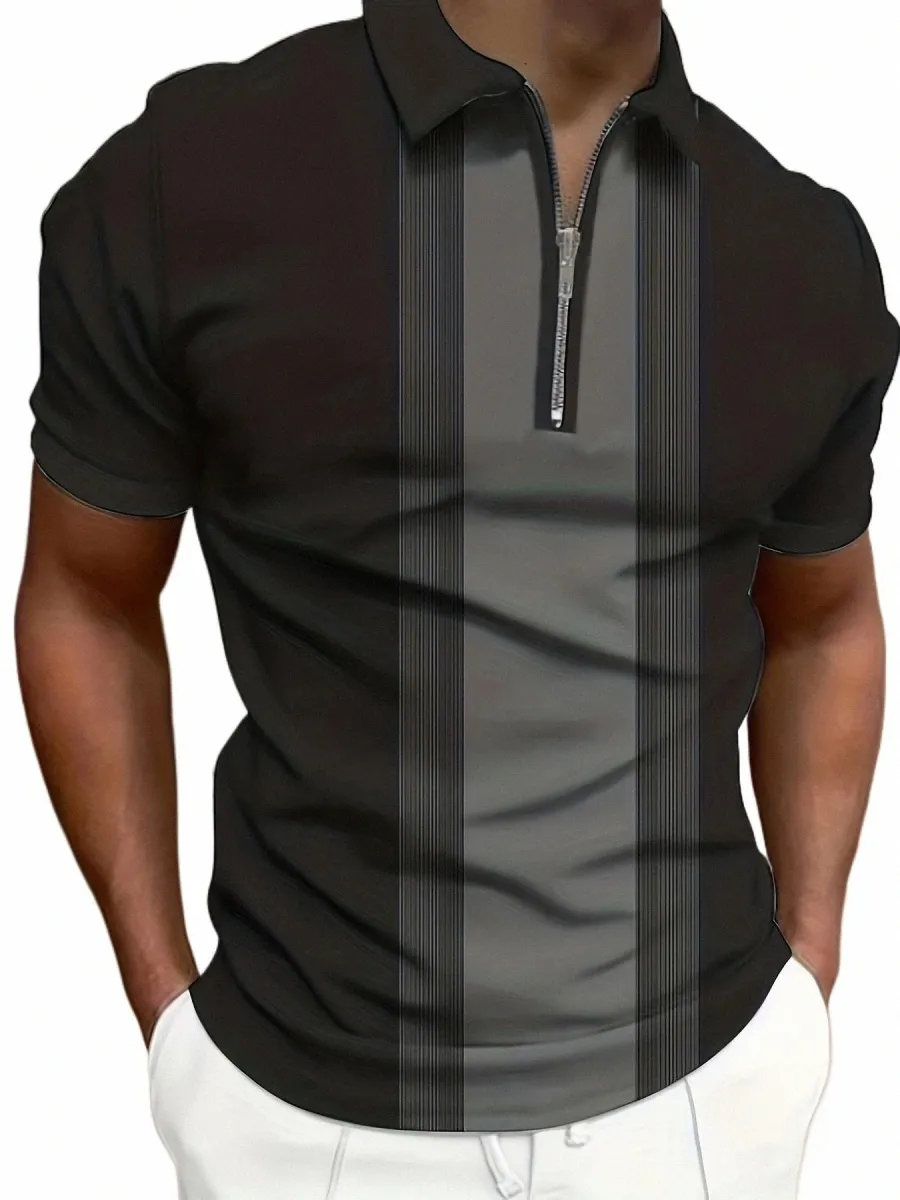 Black Striped Vintage Retro 3D Printed Mens Zipper Polo Shirt Summer Fi ...