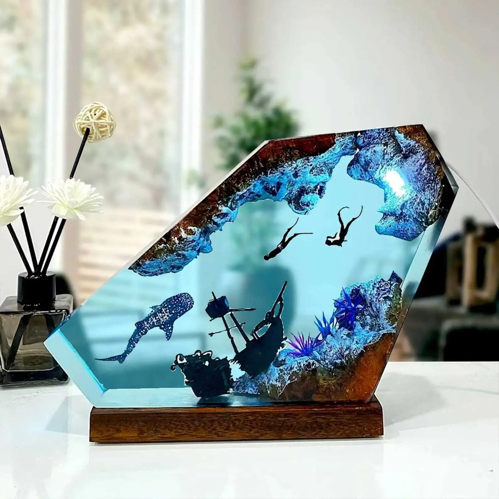 LED Desk Lamps Seabed Exploration Resin Table Light, Diving Sunken Ship ...