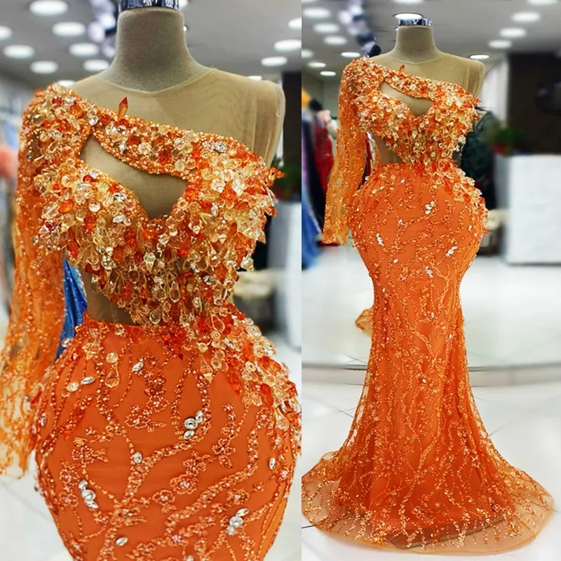 Orange Mermaid Prom Dresses: Elegant Long Sleeve Lace Illusion Evening ...