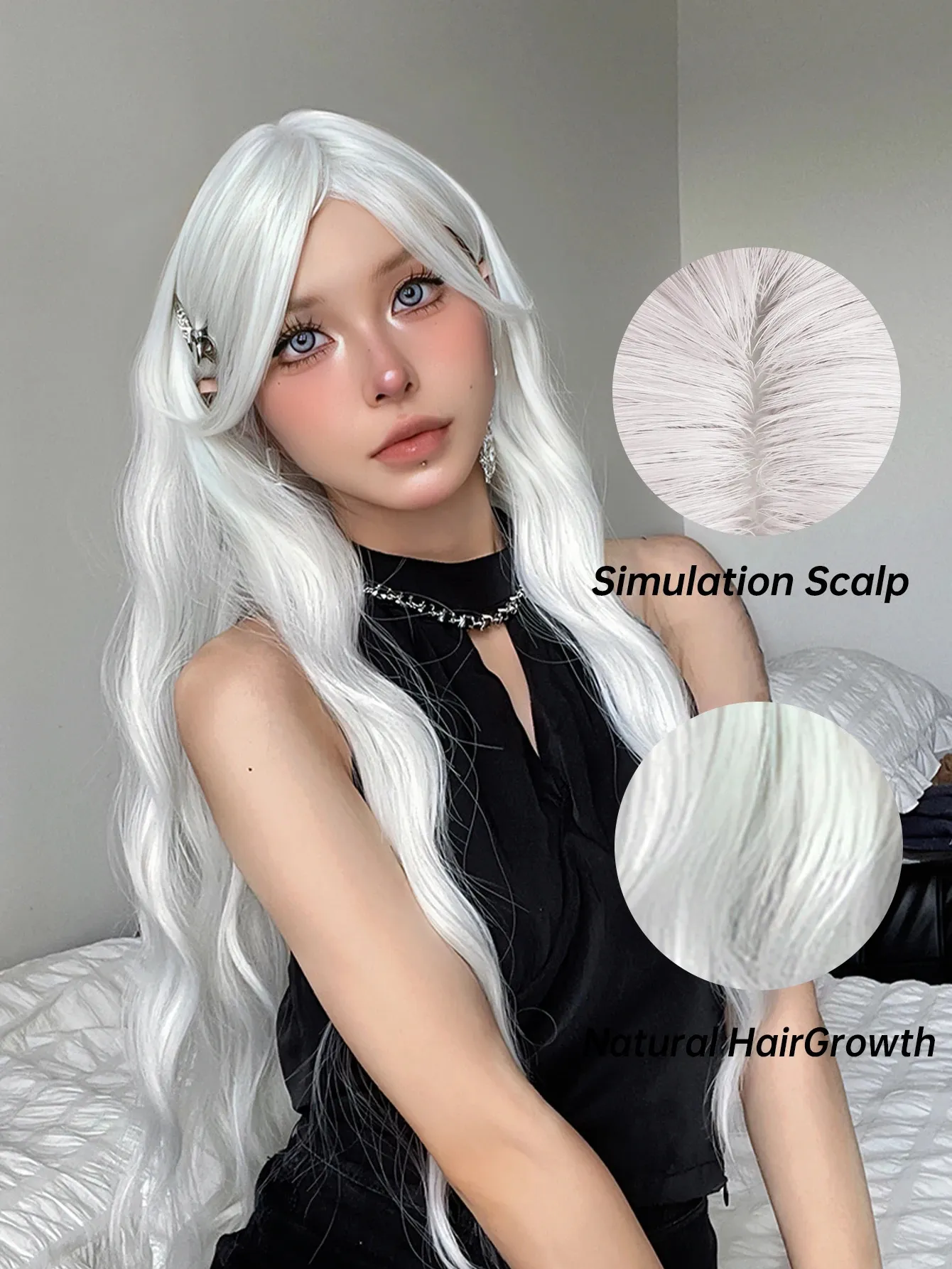 Long Water Wave Wig with Bangs, White Colorful Cosplay Silky Wig for ...