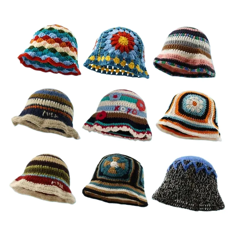 Japanese Handmade Knitted Wool Bucket Hat Designer Rainbow Plaid ...