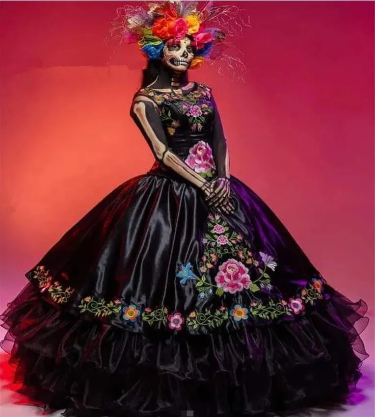 2024 Halloween Charro Black Mexican Quinceanera Dress Costume Tiered ...