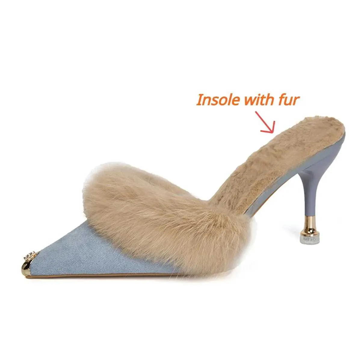 2024 Elegant Designer Furry Slides For Women Pointed Toe Heel High ...