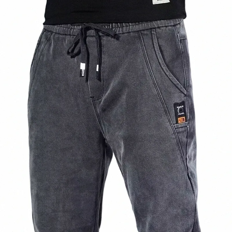 Mens Elastic Waist Ankle Jeans For Men Loose Straight Tube Drawstring Jogger Pants With Baggy