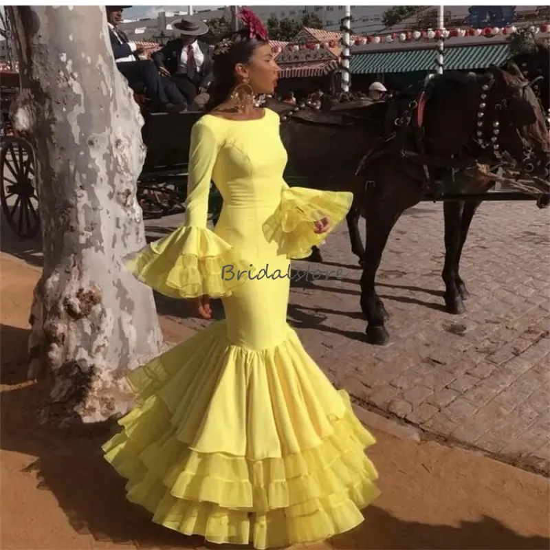 Elegant Yellow Flamenco Mermaid Prom Dresses: Spanish Ruffles Tiered ...