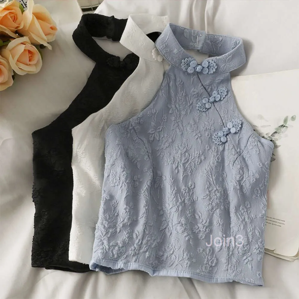 Chinese Knot Hanging Neck Short Vest: Embroidered Slim-Fit Crop Top for ...