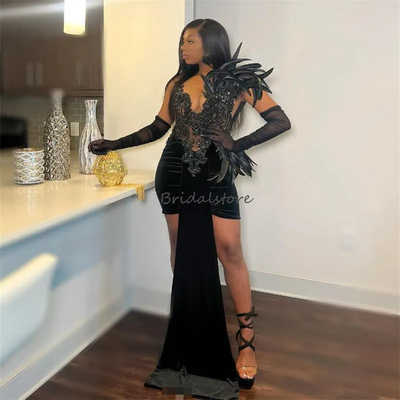 Black Velvet Mini Prom Dress: Ostrich Feather & Crystal Beaded Aso Ebi ...