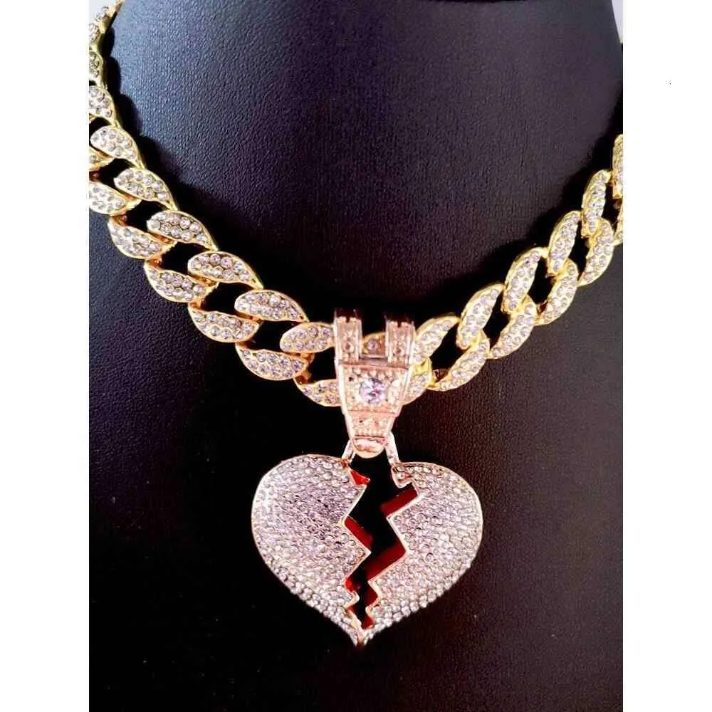 Cuban pendant necklace with full diamond heart painting on gold-tone ...