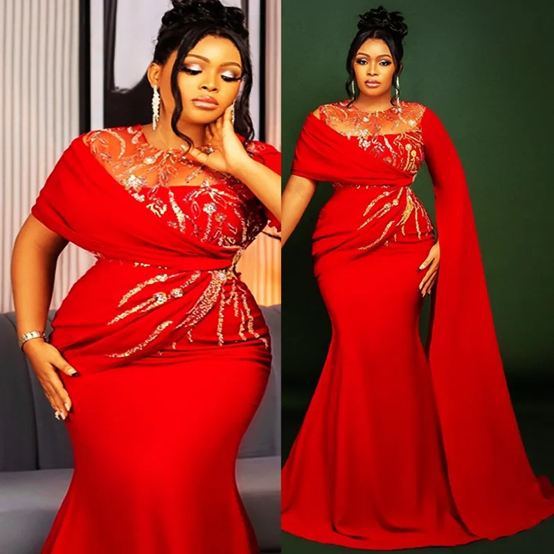 2024 Plus Size Red Prom Dress Mermaid Evening Dresses Sheer Neck ...