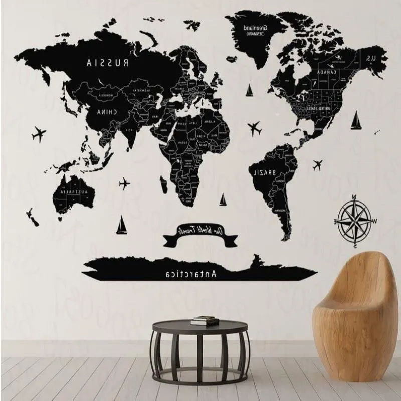 Large World Map Decal Print Black Push Pin Travel Wall Art Modern Decor ...