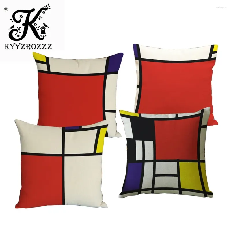 Modern Colorful Mondrian Grid Linen Cotton Patchwork Cushion Covers ...