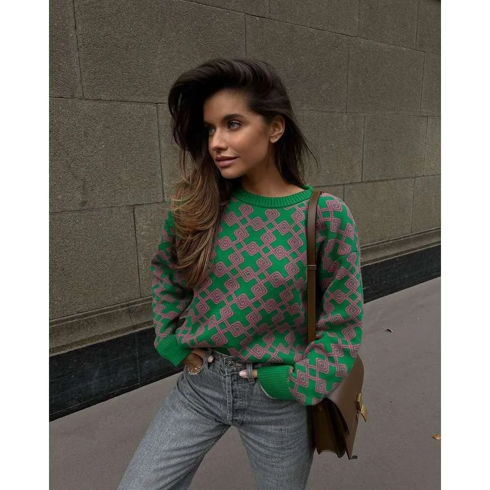 Geometric Pattern Sweater: Autumn Winter Round Neck Knitted Pullover ...