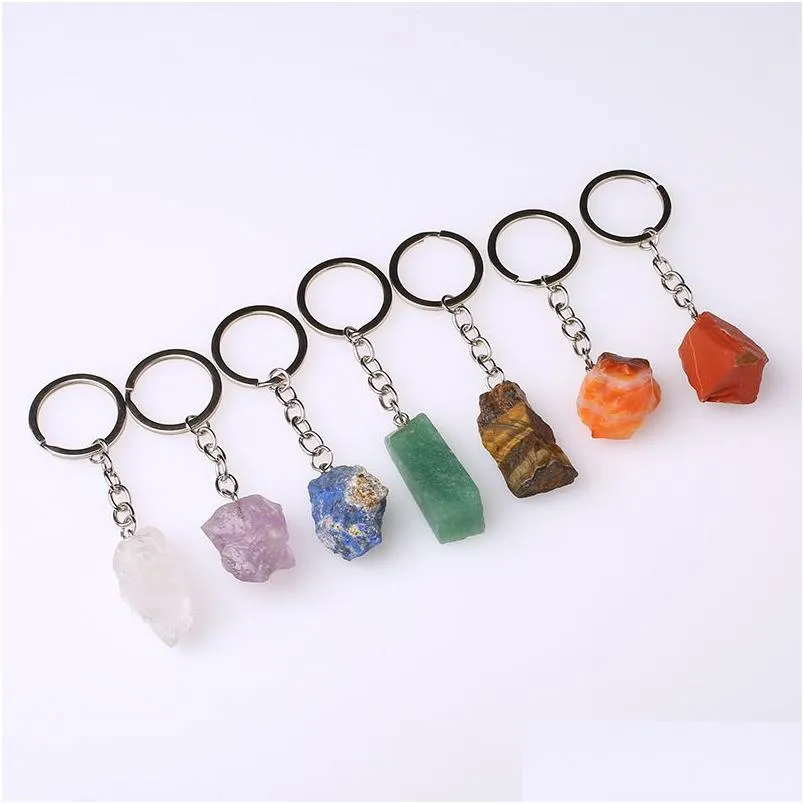 Key Rings Natural Ore Chain Ring Gem Quartz Fluorite Citrine Lapis Lazi ...