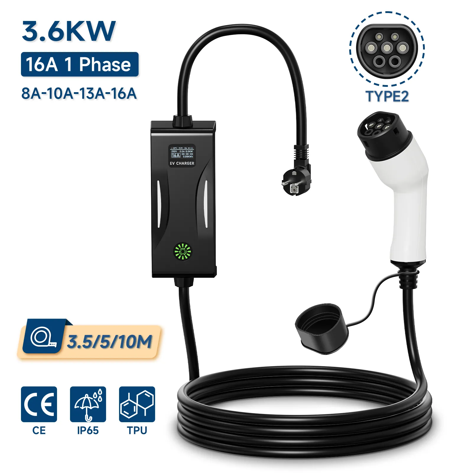 Type2 SAEJ1772 EU Plug EV Charger 3.6KW 16A Portable for Electric Car | Type1 IEC62196-2 Fast ...