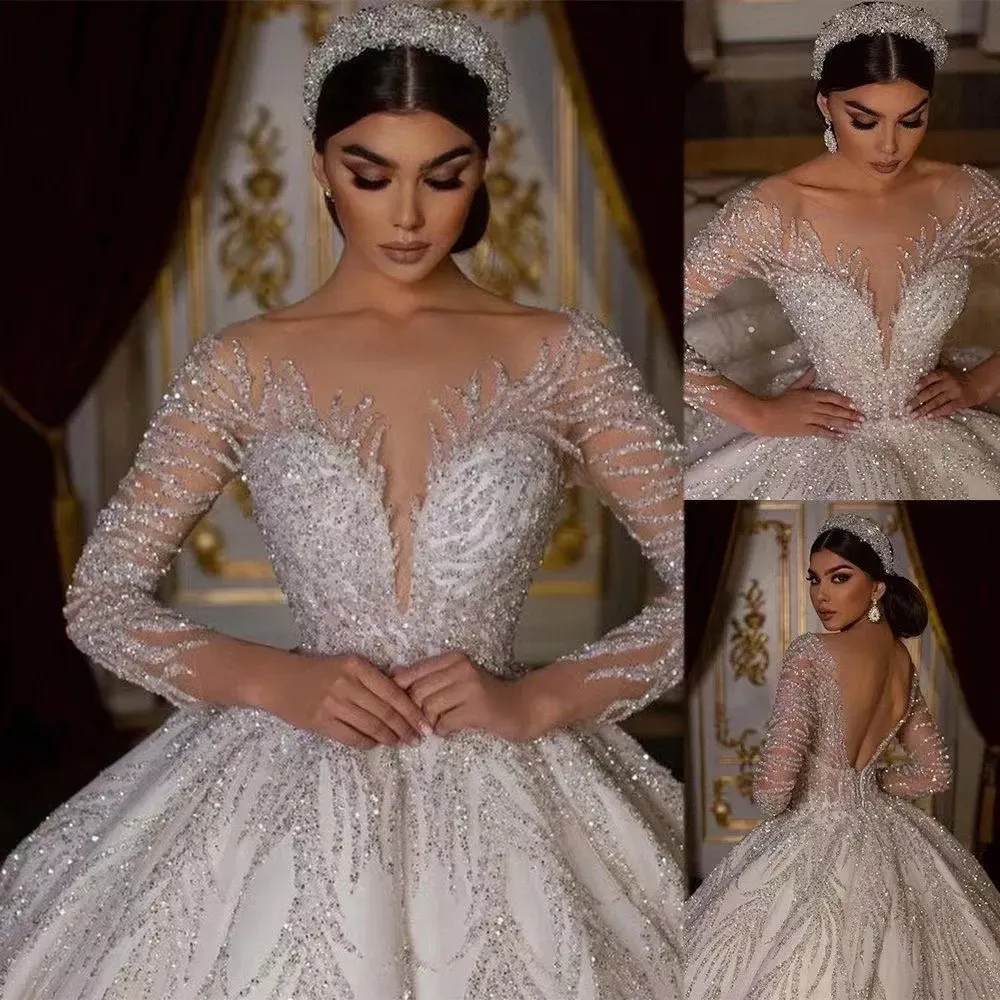 Sequin Ball Gowns: Long Sleeve Princess Bridal Gowns, Backless Formal ...