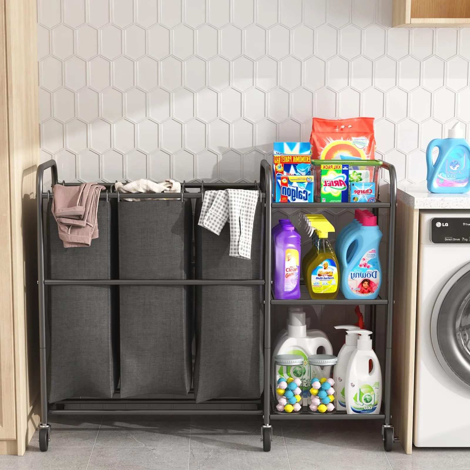 3 Pack Black Rolling Laundry Sorter Cart with Storage, Removable Bags ...