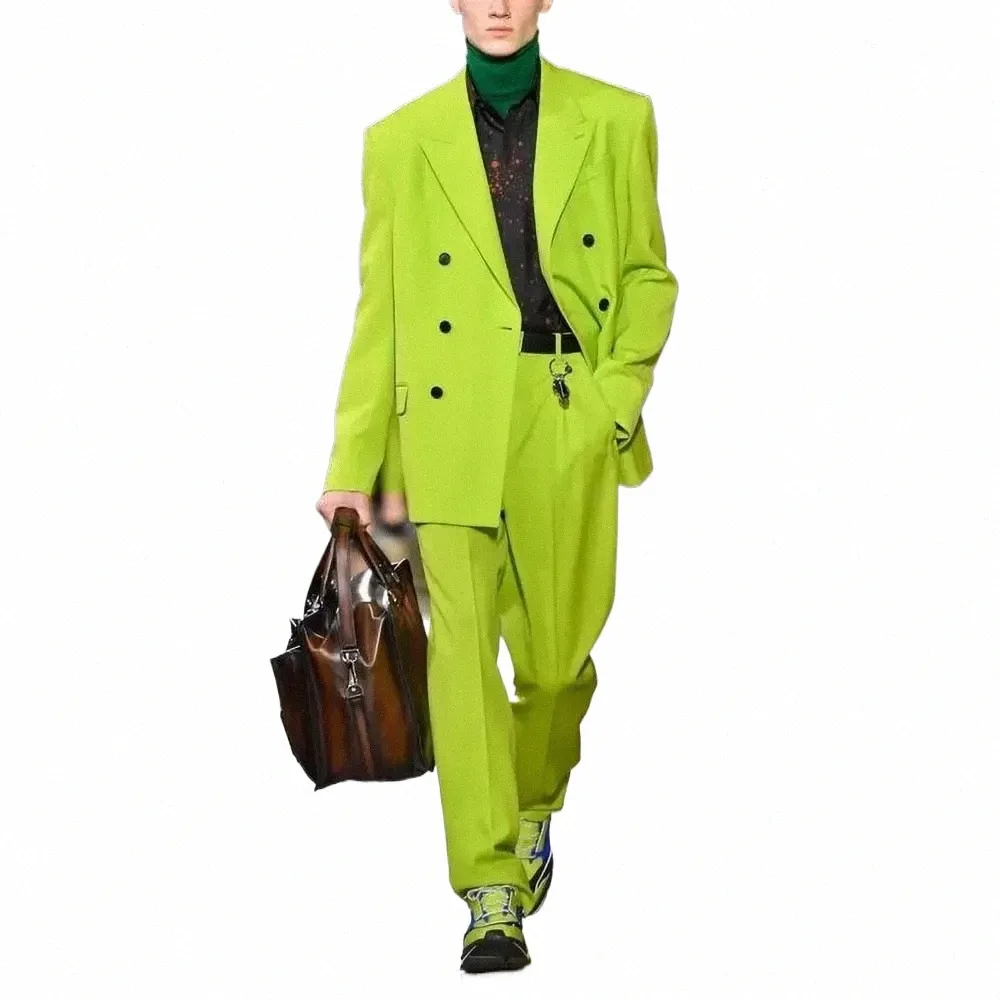 Fluorescent Green Double Breasted Peak Lapel Suit Double Breasted Slim ...