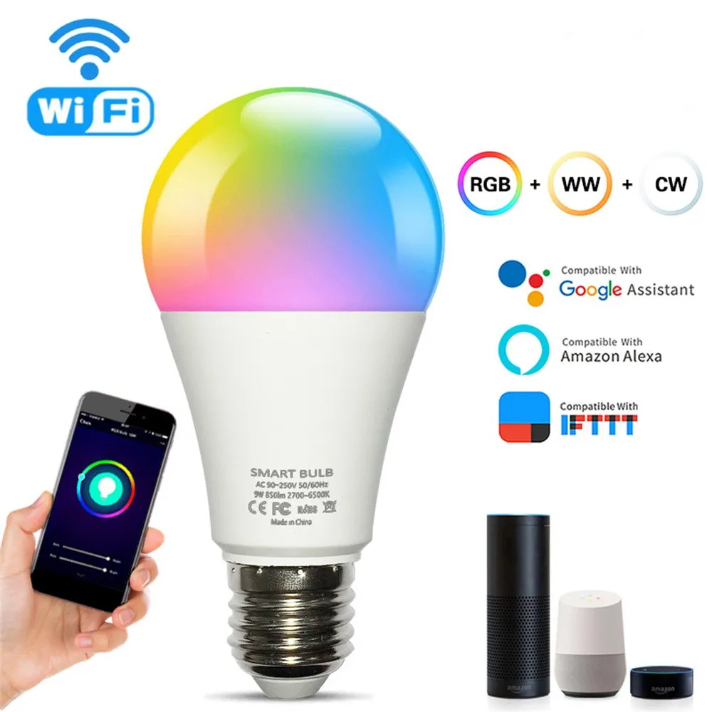 Smart LED Light Bulbs E27 E26 B22 WiFi RGB Dimmable 9W 60W LED Lamp for ...